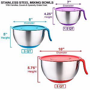 Stainless Steel Mixing Bowls with Lids (Set of 3) - Features Long Handles, Pour Spout, Non Slip Colorful Silicone Bottom, 3 Graters, & Measurement Marks. Ideal for Baking, Serving, Food & Salad Prep.