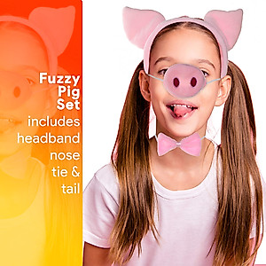 Skeleteen Pig Costume Accessories Set - Fuzzy Pink Pig Ears Headband, Bowtie, Snout and Tail Accessory Kit for Piglet Costumes for Toddlers and Kids