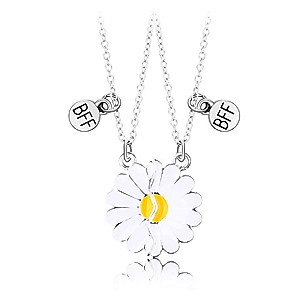 2Pcs Half Sun Sunflower Daisy Flower Pendant Necklace for Girl Women Best Friend Teen Long Distance Matching Adjustable BFF Necklace Friendship Jewelry-E silver sunflower
