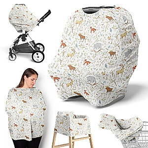 Sweet Jojo Designs Woodland Animal Toile Boy or Girl Infant Baby Car Seat Cover Nursing Breastfeeding Shopping Cart Stroller Canopy - Blue Grey Green Gender Neutral Forest Animals Brown Bear Deer Fox