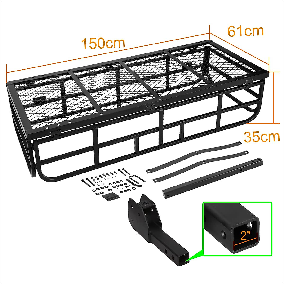 Universal 59"x24"x14" Black Mild Steel Foldable Cargo Box Luggage Carrier Basket Fits 2" Receiver
