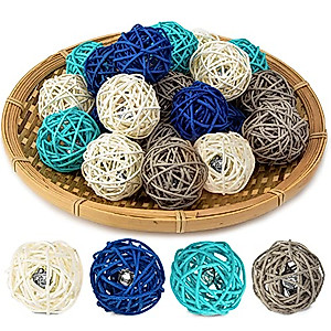DomeStar Rattan Ball with Jingle Bell, 24PCS Wicker Ring Balls 2 Inches Natural Decorative Wicker Rattan Balls Orbs Vase Fillers Blue, White, Grey and Cerulean