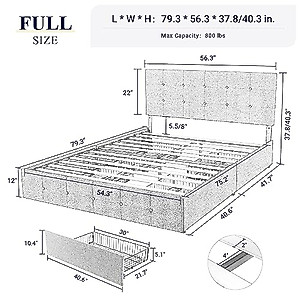 Allewie Upholstered Full Size Platform Bed Frame with 4 Storage Drawers and Headboard, Square Stitched Button Tufted, Mattress Foundation with Wooden Slats Support, No Box Spring Needed, Light Grey