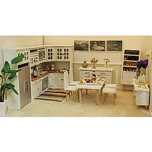 iLAND Dollhouse Kitchen, Modern Dollhouse Furniture Set on 1/12 Scale Wooden White to Store Miniature Food
