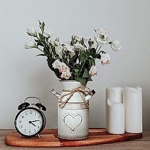 Timoo Rustic Milk Jug Vase Metal Milk Can Decor White Farmhouse Vase with Heart-Shaped for Wedding, Home, Living Room, Bathroom, Dining Table, Desk, Office, Garden Decoration