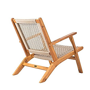 Patio Sense 62773 Vega Natural Stain Outdoor Chair Acacia Wood Construction Hand Woven Seat Mid Century Design Comfortable Reclining Armchair Patio Lawn Garden Backyard Deck - Ecru Cording