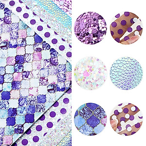 David Angie Glitter Transparent Printed Assorted Faux Leather Sheet 6 Pcs 8" x 13" (20 cm x 34 cm) Purple Theme Synthetic Leather Fabric for DIY Projects Sewing Craft (Assorted Leather)