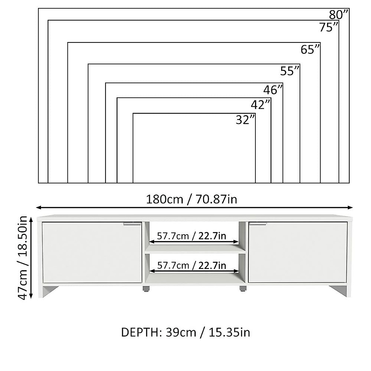 Madesa TV Stand for TV's up to 80 inches, 71 inch, TV Table with Cable Management, Wooden, 18'' H x 15'' D x 71'' L - White