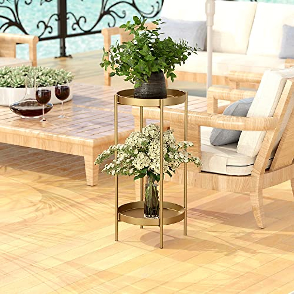 OVICAR Plant Stand Indoor Outdoor - Flower Pot Holder Metal Plant Rack Organizer, 2 Tiers Tall Plant Display Storage Shelf Table For Home Garden Patio Bathroom Office Living Room Balcony Corner (gold)