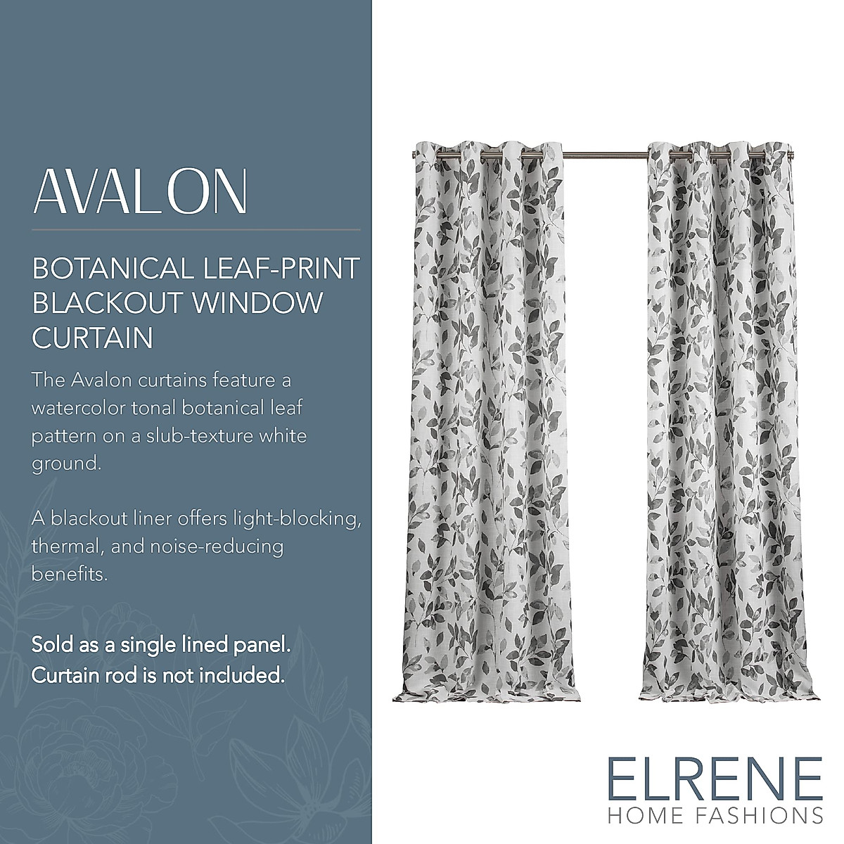 Elrene Home Fashions Avalon Modern Cottage Nature-Inspired Botanical Floral Leaf Print Blackout Linen Blend Window Curtain, 52 in x 84 in (1 Panel), Grey