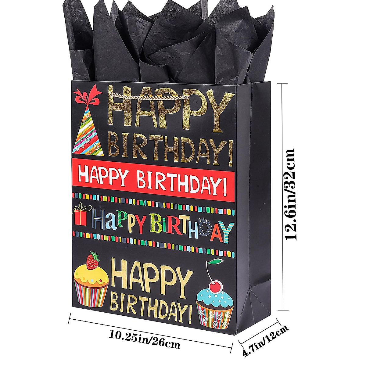 Jaywayang 12.6" Large Happy Birthday Gift Bag with Card and Tissue Paper (Black)
