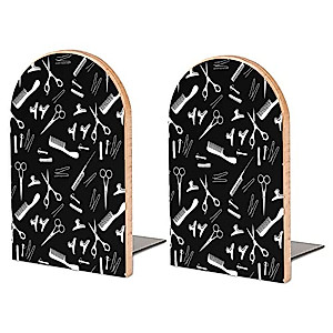 Donnapink Seamless White Silhouettes of Hairdressing Tools on Black Dark 1 Pair Book Shelf Holder, Non-Slip Wooden Bookends Book Ends Holder Stand for Shelves Home Office Library Study Decor M