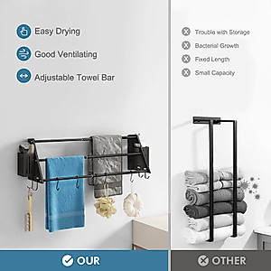 Towel Bar for Bathroom Wall,Stretchable 16.1-29.5 inchs Towel Rack,Metal Towel Holder with 2 Storage Basket and 9 Hooks, Black Towel Hanger for Bathroom Kitchen Camper