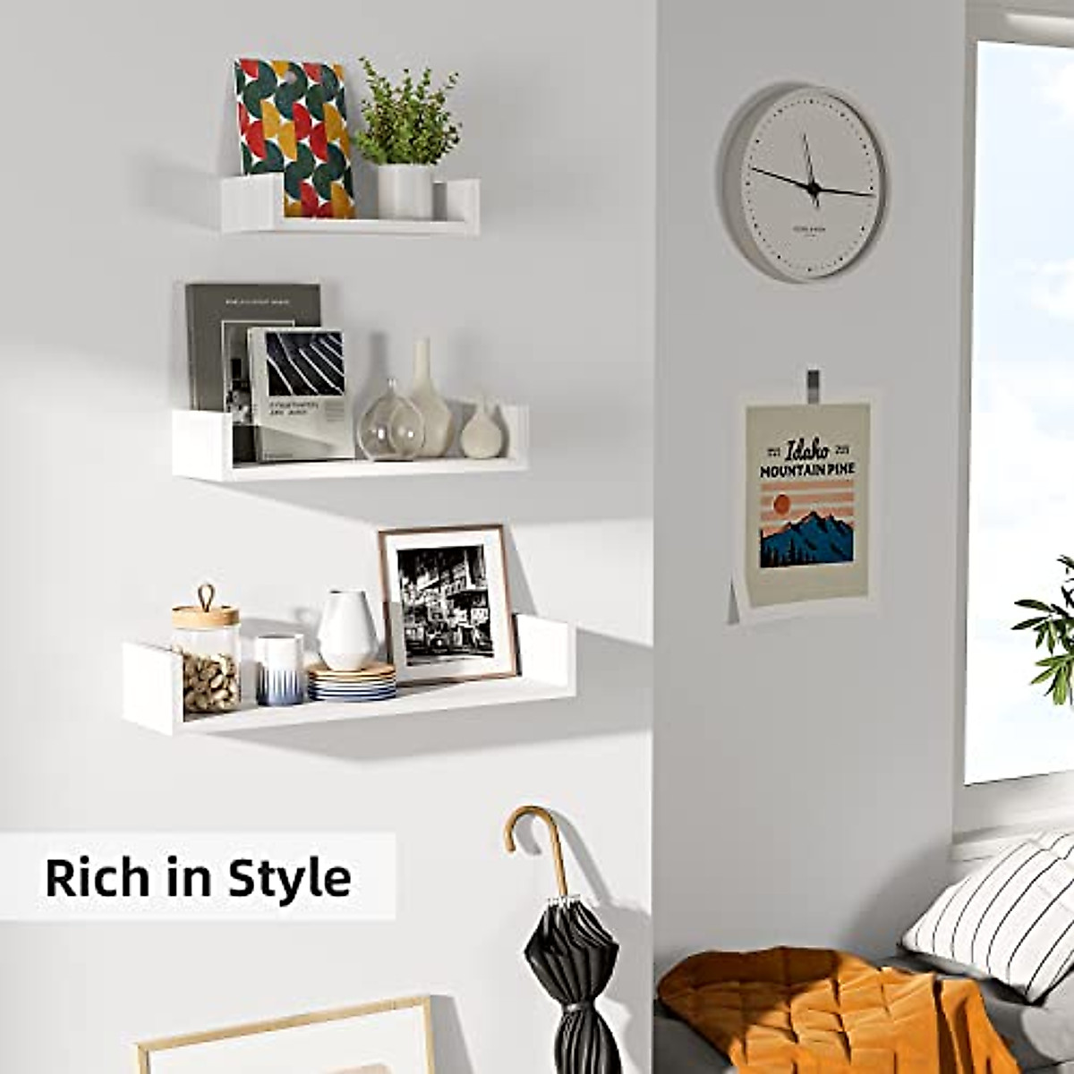 SRIWATANA X-Large Floating Shelves, Modern Wall Shelves Set of 3, Wall Mounted Shelves for Bathroom, Bedroom, Living Room, Kitchen, Laundry, Wall Decor, Display Holder (Washed White)