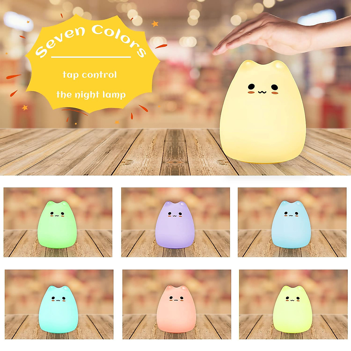 wokuya Cute Cat Night Light for Kids,Kawaii Silicone Nursery Kitty Night Light for Bedroom,7-Color Changing,Ideal Gifts for Toddler Children Teenage Girls Halloween Christmas