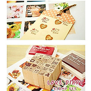 Wooden Rubber Stamps,Youkwer 25 Pcs Mini Cute DIY Diary Stamps Set with Wooden Box （25PCS，Love Diary）