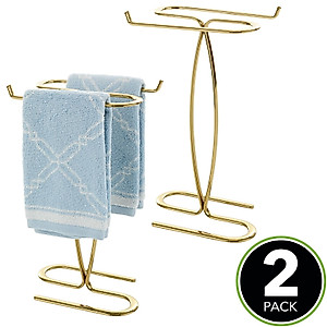 mDesign Decorative Modern Metal Fingertip, Hand Towel Holder Stand - for Bathroom Vanity Countertops to Display and Store Small Guest Towels - 2-Sided, 14" High - 2 Pack - Soft Brass