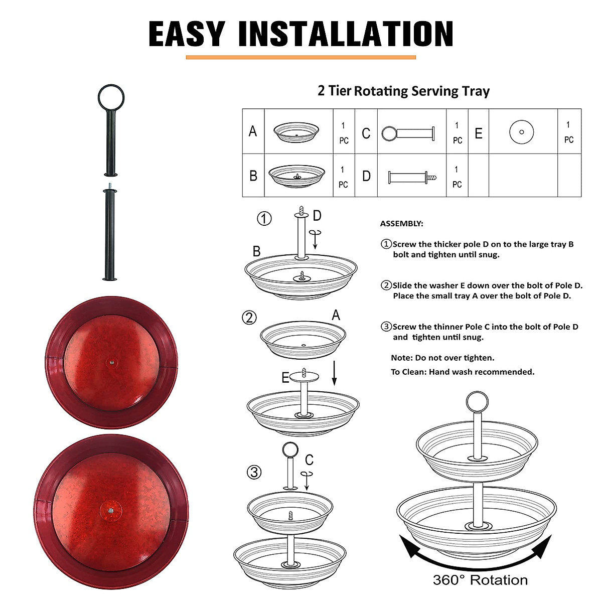 LF Likefair Red 2 Tiered Serving Stand Tray, Lazy Susan, Cake Stands Cupcake Holder,360° Rotation Dessert Stand Table Decorations for Party Wedding Home Decor