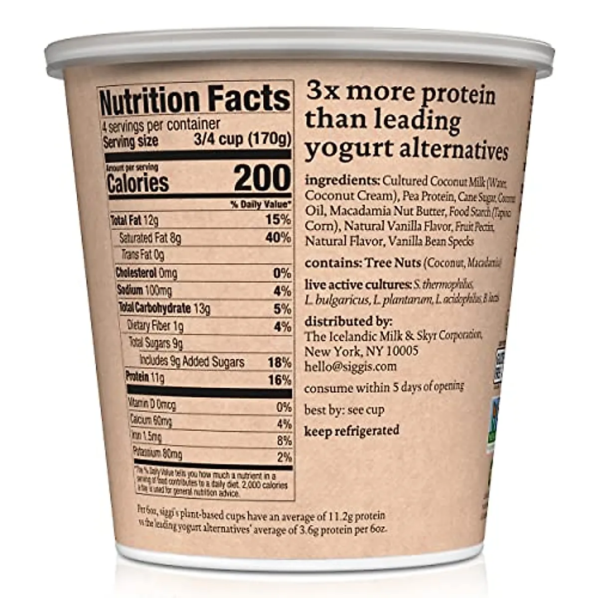 siggi's Plant-Based Coconut Blend, Vanilla – Dairy Free Snack, More Protein Than Sugar, Blue, 24 Oz