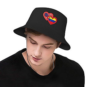 Hearts America and Venezuela Bucket Hats Double-Woven for Women Men Adult Fisherman's Hat Sun Cap Packable Outdoor Fisherman Hat Black