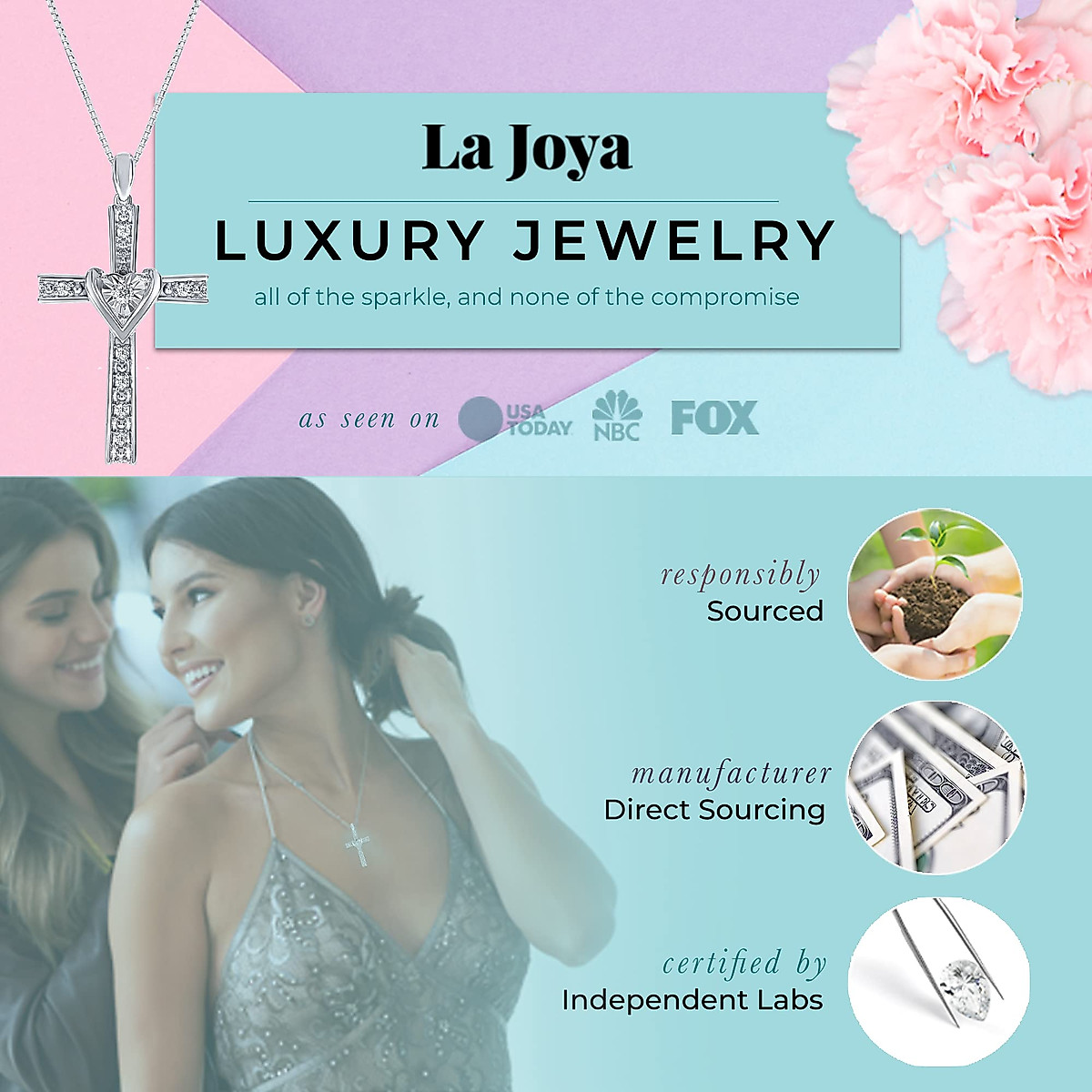 Sterling Silver Cross Heart Necklace for Women | Dainty 1/10 CTTW Lab Grown Diamond Cross pendant Necklace | Ideal Diamond Jewelry Gift for Women