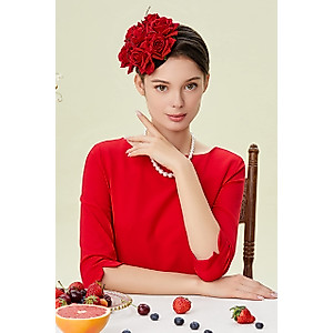 BABEYOND Floral Fascinators for Women Feather Fascinators Headband for Cocktail Tea Party (red)