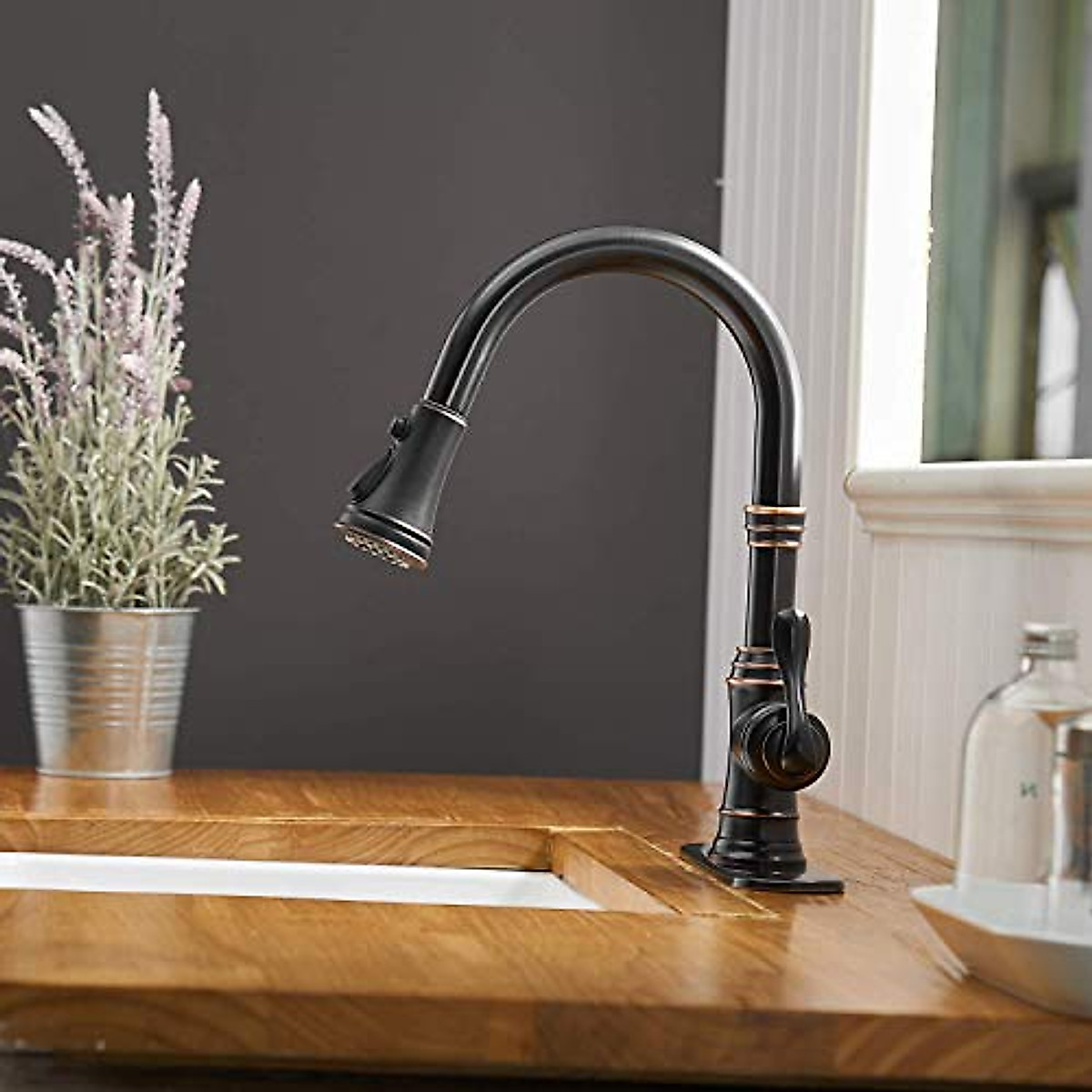 BWE Kitchen Faucet with Pull Out Sprayer 3 Spray Modes Oil Rubbed Bronze Single Handle High Arc Kitchen Sink Faucet with Deck Plate Lead-Free Commercial Bar Farmhouse Pull Down Sprayer