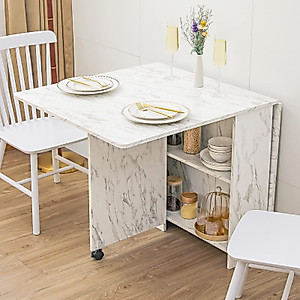 VANSPACE Folding Dining Table Drop Leaf Table for Small Spaces with Storage Racks Multifunction Space Saving Table Extension Dinner Table for Kitchen Bedroom Dining Room White Marble