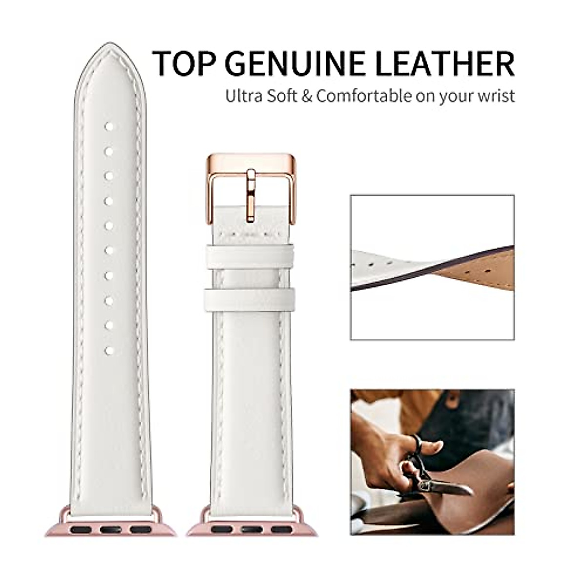 OMIU Square Bands Compatible with Apple Watch Band 38mm 40mm 41mm 42mm 44mm 45mm 49mm, Genuine Leather Wristband Starp for iWatch SE Series 8 7 6 5 4 3 2 1 Utral for Women Men(Ivory White/Rose Gold)