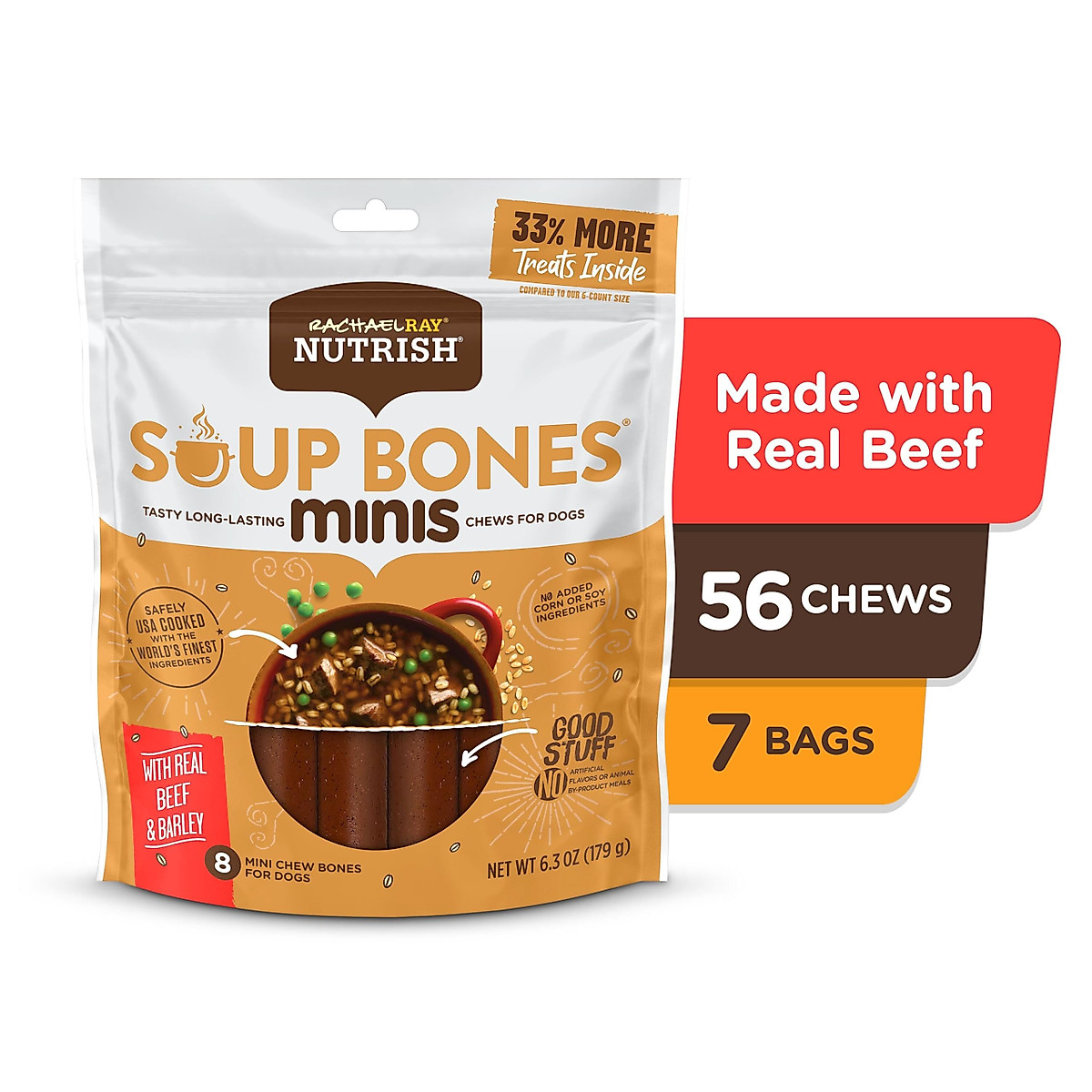 Nutrish Rachael Ray Soup Bones Minis Dog Chews with Real Beef & Barley, 8 Chews, 6.3 oz Pouch (Pack of 7)