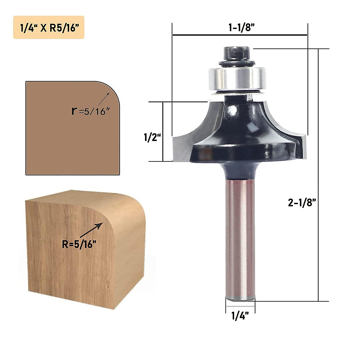 SICWOOD 4pcs Round Over Router Bits 1/4 Shank - Roundover Router Bit Set, Carbide Corner Rounding Edge-Forming Bit, Bearing Guide for Rounding Trim Radius 1/8", 1/4", 3/8", 5/16"…