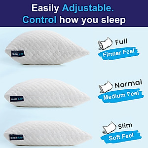 Sidney Sleep Set of 2 Queen Size Bed Pillows for Side and Back Sleepers - Adjustable Filling - Memory Foam Pillows for Neck and Shoulder Pain - Customizable Loft - Extra Foam Included (White)