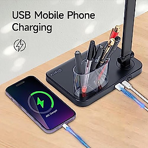 rigors LED Desk Lamp for Home Office - Dual Swing Arm Desk Light with USB Charging Port,Eye-Caring Foldable 5 Color Modes 10 Brightness Levels Dimmable Desk Lamp for College Dorm Room (Black)