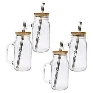 H&T Designs 4 Pack Mason Jar Cup/Mug with Handle and Bamboo Lid Stainless Steel Straw - 24 OZ Mason Jar Regular Mouth - Coffee/Smoothie/Drinking Glass