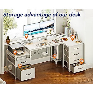 KKL Home Office Desk with File Drawer & 3 Power Outlets &2 USB Ports, 55'' L Shaped Desk with Storage Shelves, Printer Cabinet and Monitor Shelf, Computer Table Executive Desk Workstation, White