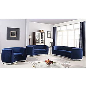 Meridian Furniture Julian Collection Modern | Contemporary Velvet Upholstered Sofa with Stainless Steel Base in Polished Chrome Finish, Navy, 91.5" W x 36" D x 28" H