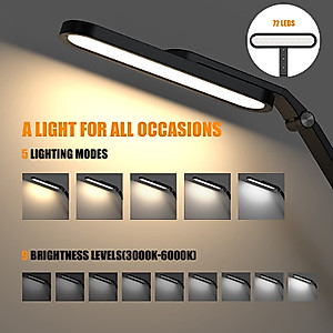 JKSWT LED Desk Lamp, Eye-Caring Table Lamps with 72 LED, 9 Brightness Levels, 5 Color Modes, USB Charging Port,Touch Control and Memory Function, 10W Reading Lamps for Home Office, Black