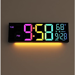 Digital Wall Clock Large Display, 16.2" Digital Wall Clock with RGB Color Changing Remote Control, Automatic Brightness Dimmer with Night Lights, Auto DST, Date Week,Temperature