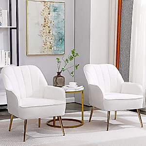 HANLIVES Accent Chair Set of 2,Modern Mid Century Teddy Fabric Armchair,Ergonomics Comfy Arm Chair for Living Room Bedroom Office Waiting Room,Barrel Chairs (Off White*2)