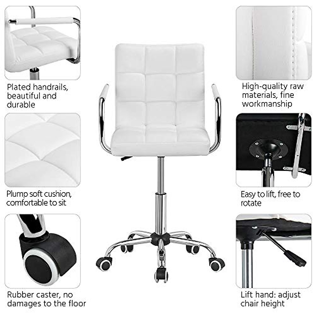 Yaheetech White Desk Chairs with Wheels/Armrests Modern PU Leather Office Chair Midback Adjustable Home Computer Executive Chair on Wheels 360° Swivel