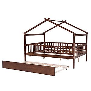 DHHU Daybed with Trundle, Full Size Wooden House Bed with Twin Size Trundle Bed, Wood Bed Frame with Roof and Safety Guardrail for Kids, Teens, Boys or Girls, No Box Spring Required
