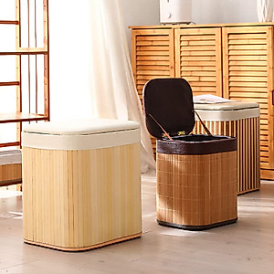 QQXX Bamboo Laundry Basket,Dirty Laundry Hamper Dirty Clothes Basket Bin with Lid and Removable Liner,Two Sections with Large Storage,Ideal for Bedroom Bathroom(Large,Two-Color)