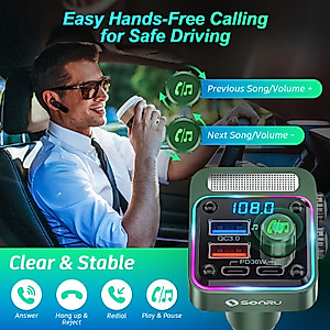 Bluetooth 5.3 FM Transmitter Car Adapter - SONRU Car Charger 54W [PD 36W & QC3.0 18W], Wireless FM Radio Transmitter [HiFi Treble & Bass Player], 5 Colors LED Backlit, Hands-Free Calling, U-Disk
