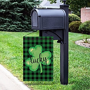 AnyDesign St. Patrick's Day Garden Flag Double-Sided Lucky Shamrock Yard Flag Rustic Green Black Buffalo Plaid Farmhouse Shamrock Outdoor Decoration for Irish Holiday, 12.5 x 18 Inch