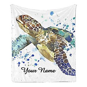 CUXWEOT Custom Blanket with Name Text,Personalized Sea Turtle Watercolor SplashSuper Soft Fleece Throw Blanket for Couch Sofa Bed (50 X 60 inches)