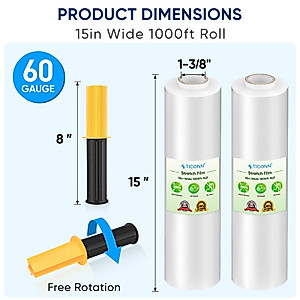 TICONN Stretch Wrap Stretch Film Roll, 1000ft 60 Gauge Industrial Strength 15 inch Wide Clear Plastic Wrap with Handles for Pallet Wrapping Shipping Moving
