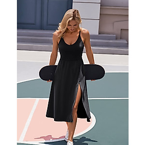 Athletic Dress with Built in Shorts & Bra Adjustable Straps Workout Dress for Tennis Golf Midi Dresses for Women Black