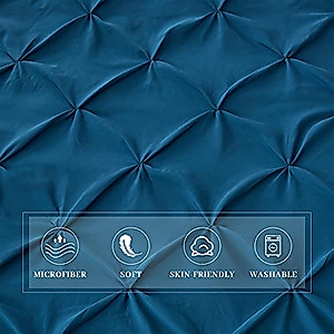 SunStyle Home Pinch Pleated Duvet Cover Navy Blue 3 Pieces Duvet Covers Queen Size Soft Microfiber Luxury Duvet Cover with Zipper Closure & Corner Ties for All Season(1 Duvet Cover, 2 Pillow Shams)