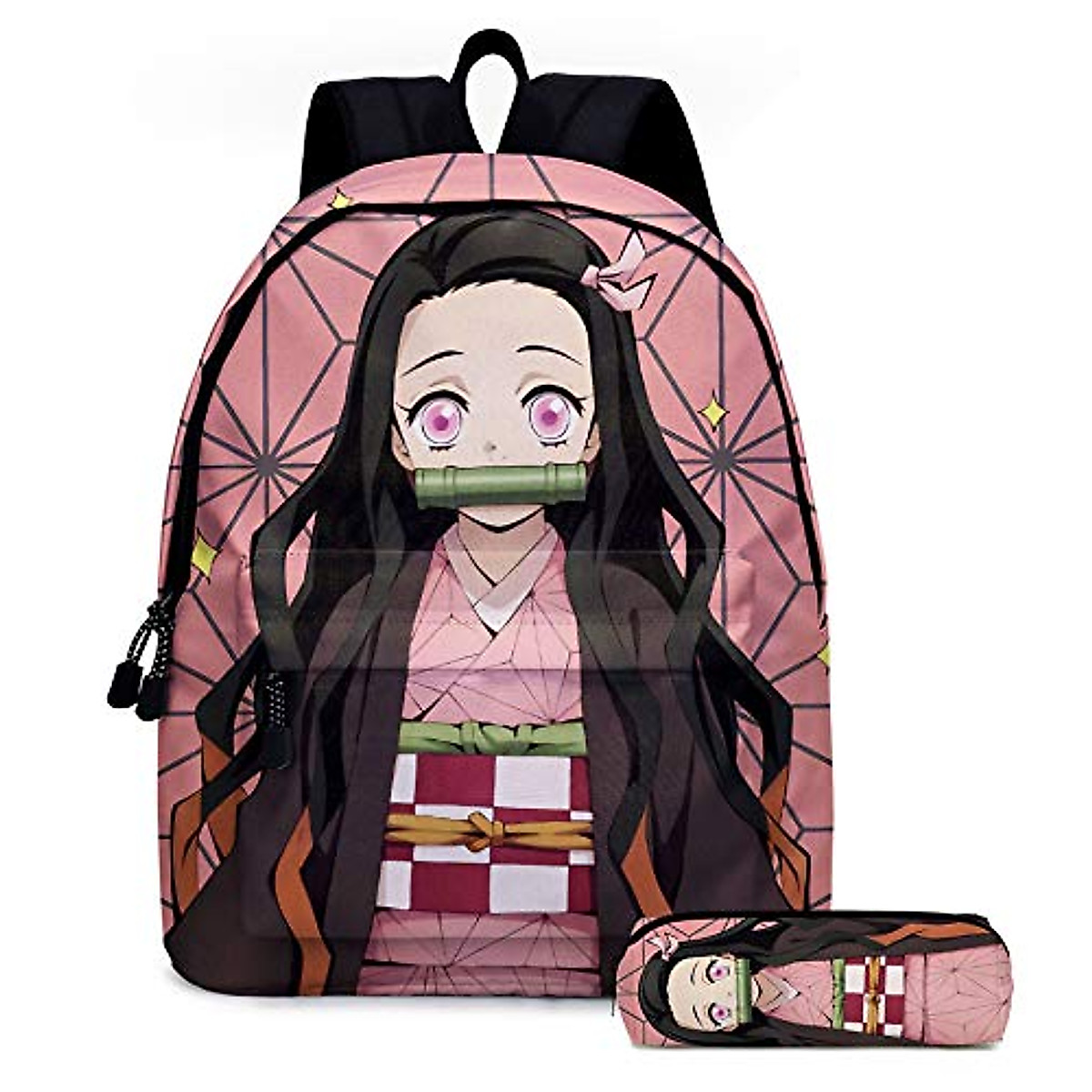 XIXISA Anime Nezuko Shinobu Kanroji Inosuke Cosplay School Backpack with Pencil Case Anime Backpacks for Teens