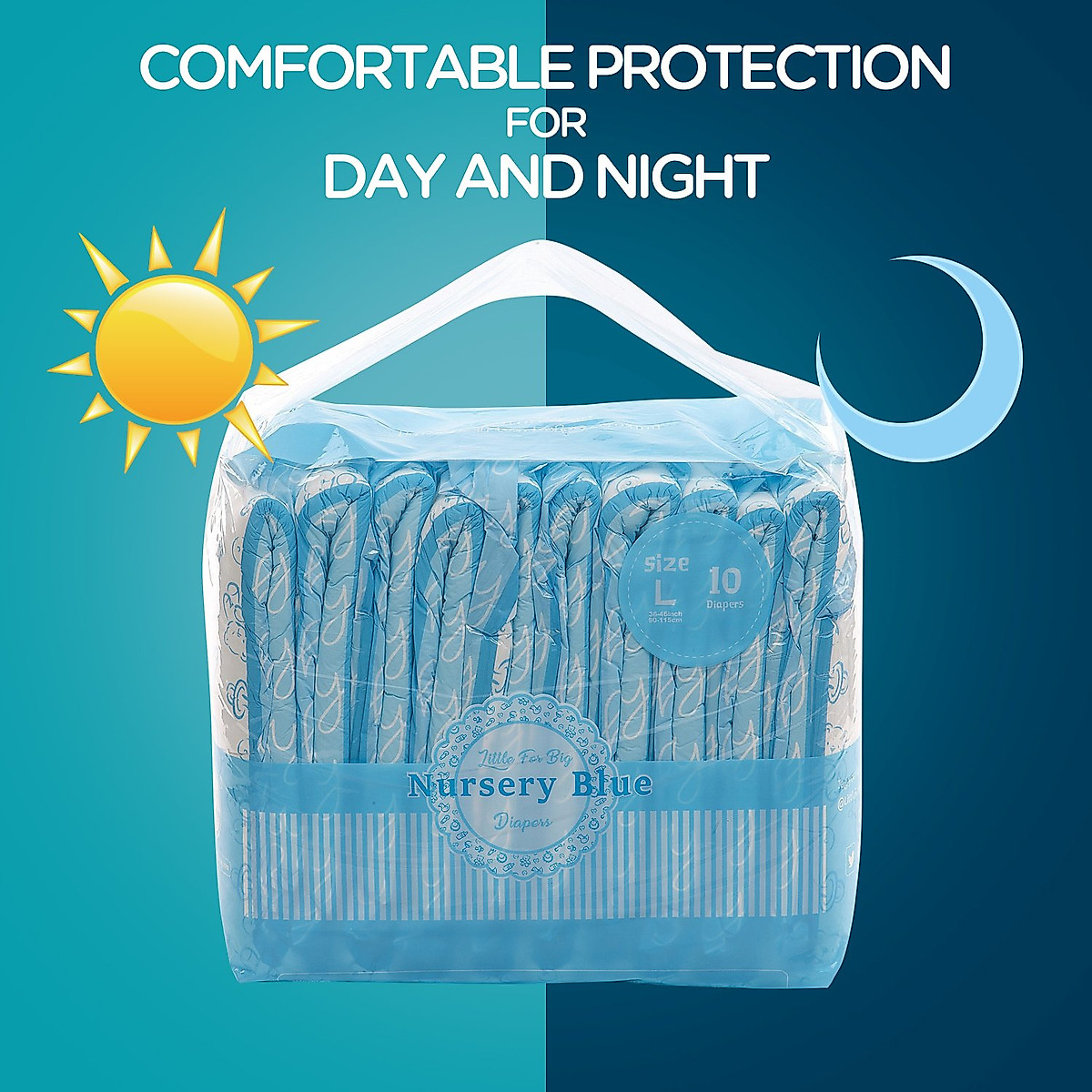 Littleforbig Adult Printed Diaper 80 Pieces (8 Packs) - Nursery Blue (Large 36"-46")